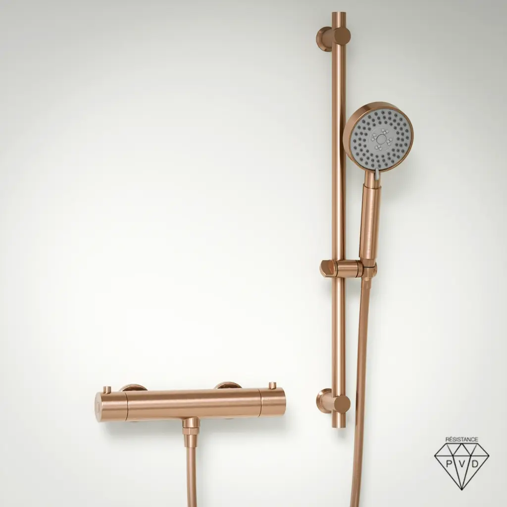 Mitigeur thermostatique avec barre de douche doré rose
